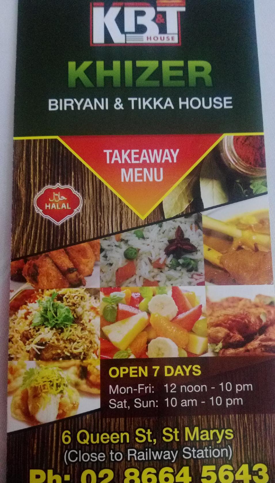 Menu at Khizer Biriyani Tikka House restaurant, Saint Marys