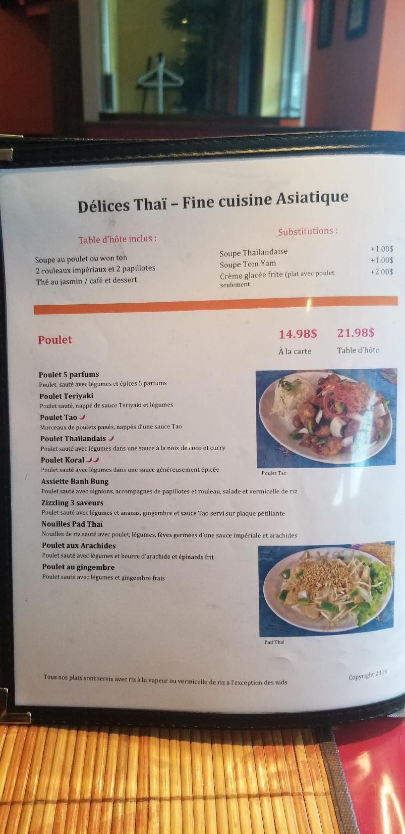 Menu au Restaurant Délices Thaï, Québec