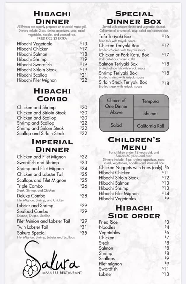 Menu at Sakura Hibachi restaurant, Wheelersburg