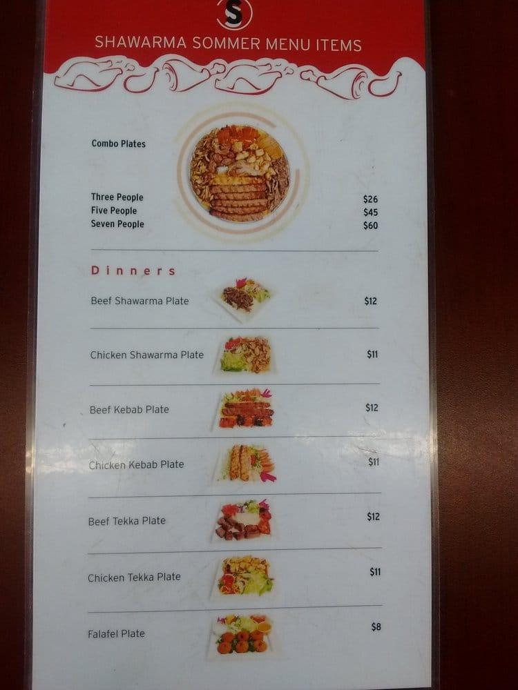 Menu at Sommer Shawarma restaurant, Toronto
