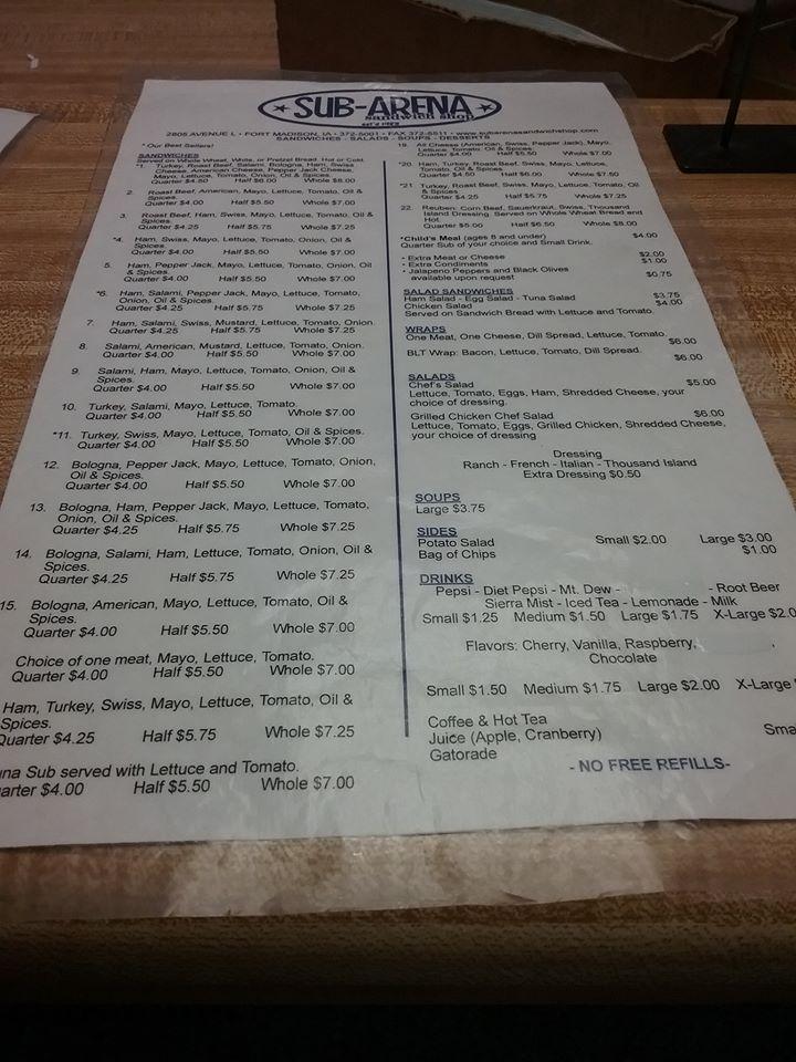 Menu at Sub Arena restaurant, Fort Madison