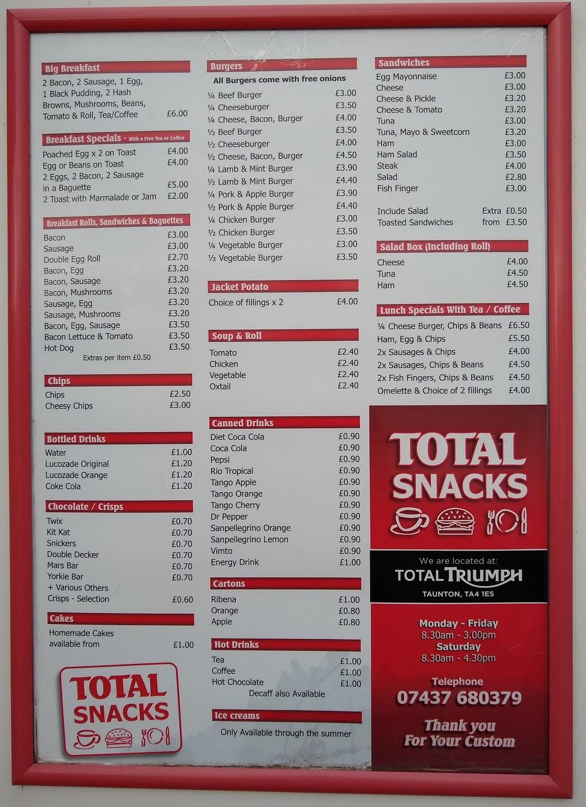 Menu at Total snacks pub & bar, Taunton
