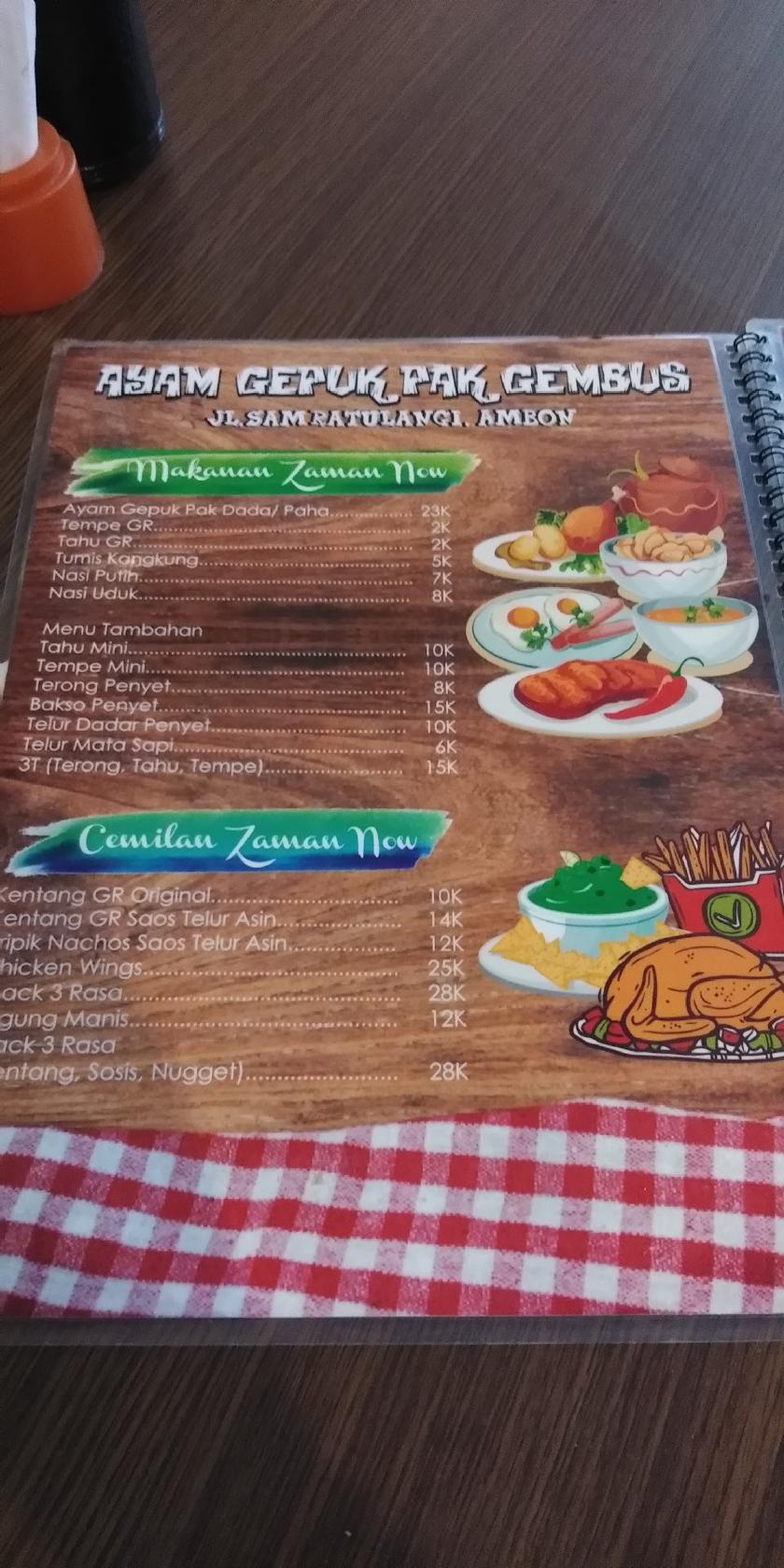 Menu at Ayam Gepuk Pak Gembus Jogjakarta restaurant, Teluk Ambon