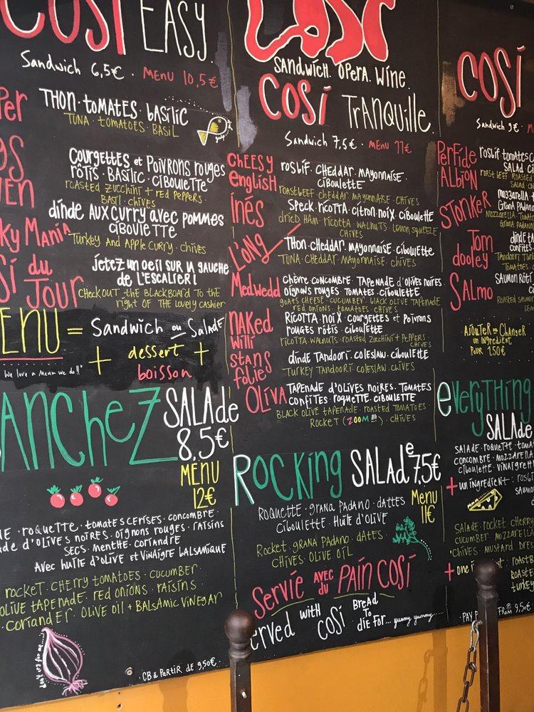 Menu at Cosi restaurant, Paris, 54 Rue de Seine