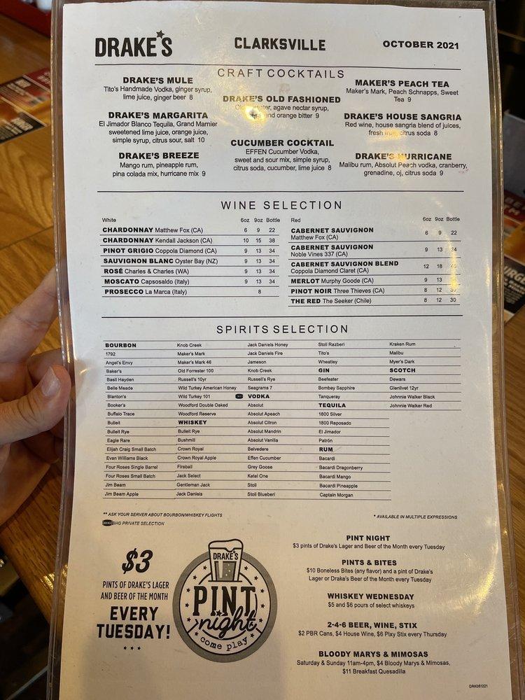 Menu at Drake's Clarksville restaurant, Clarksville