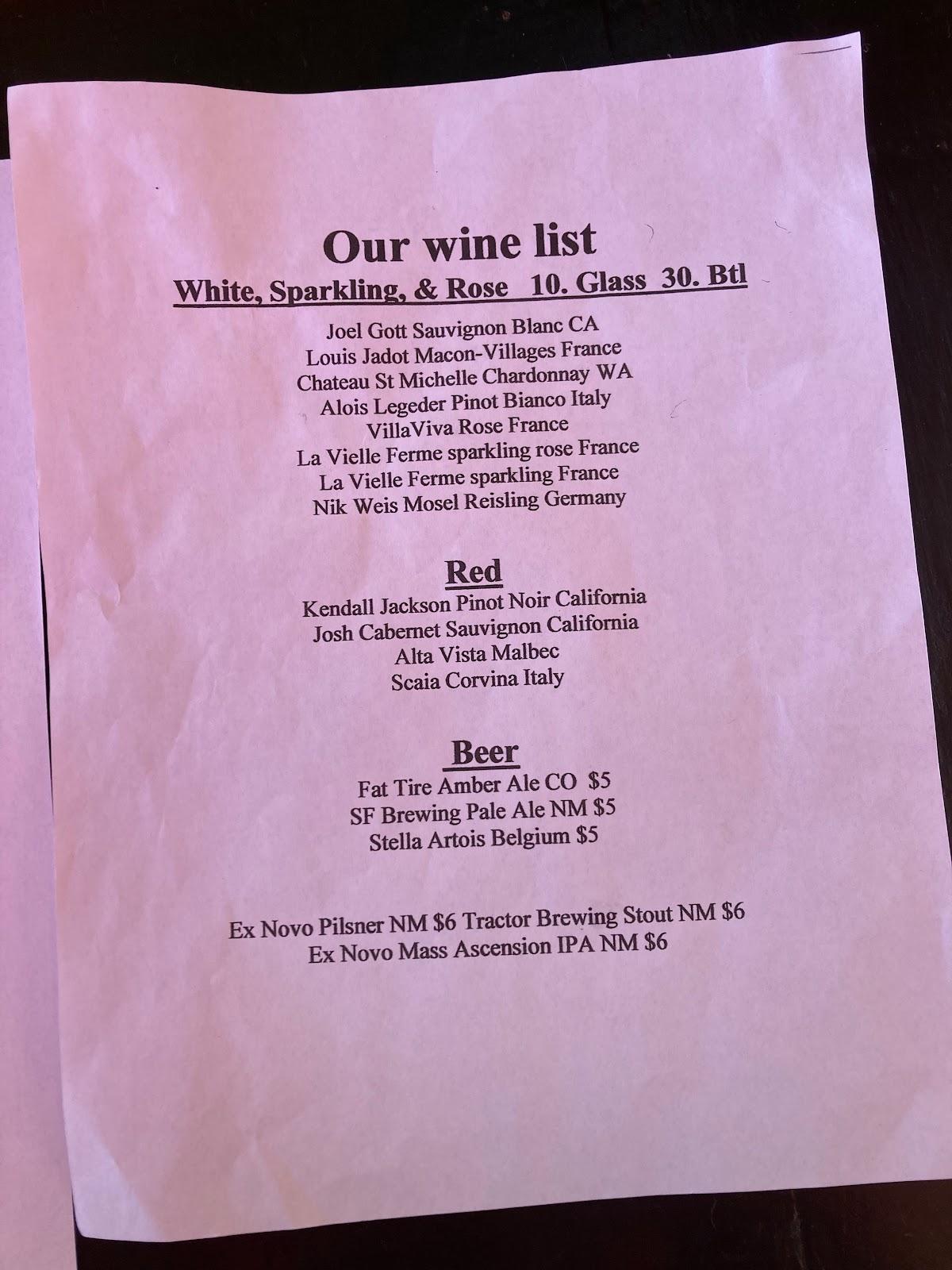 Menu at Museum Hill Cafe, Santa Fe