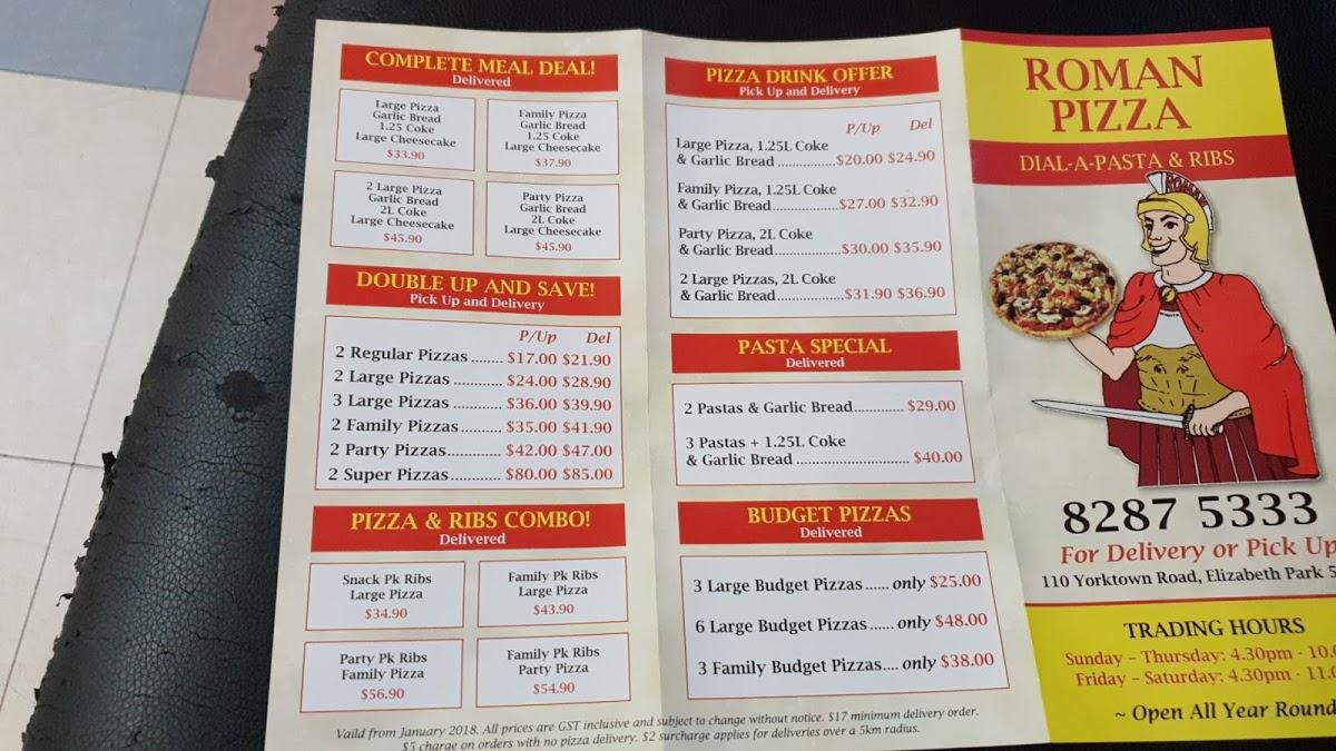 Menu at Roman Pizza pizzeria, Elizabeth Park