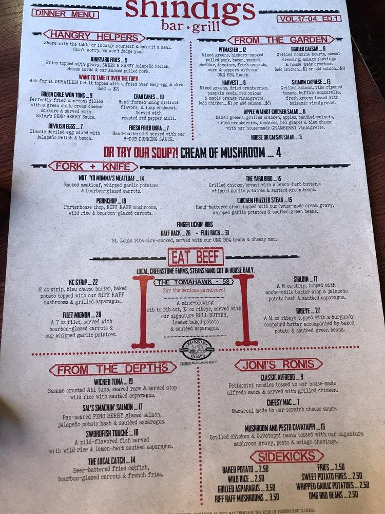 Menu at Shindigs Bar & Grill, Winfield