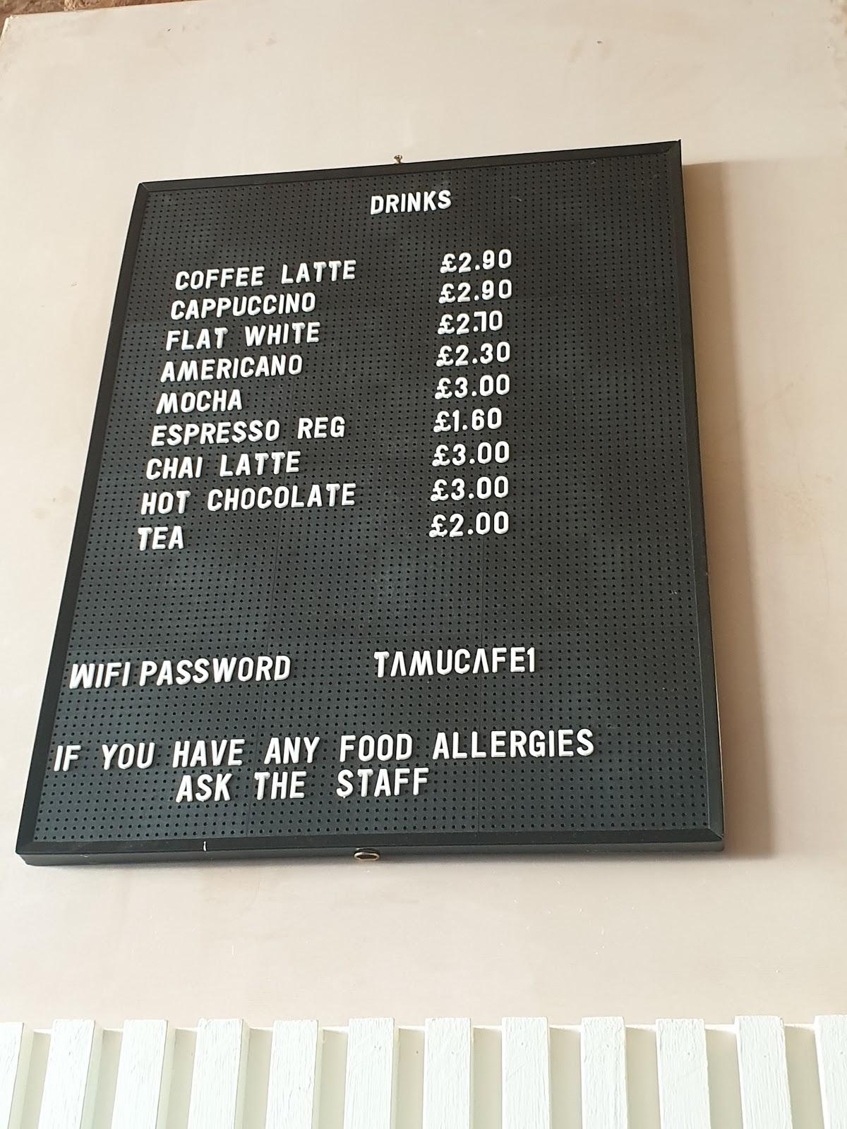 Menu at Tamu Cafe, Birmingham