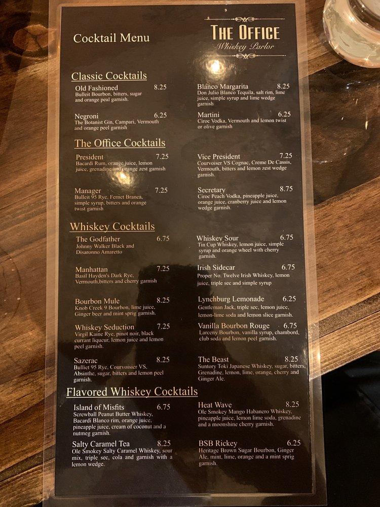 Menu at The Office Whiskey Parlor pub & bar, Parkersburg