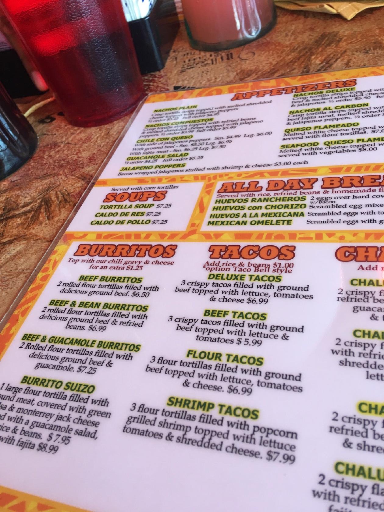 Menu at Tia Maria's restaurant, Houston, Dacoma St