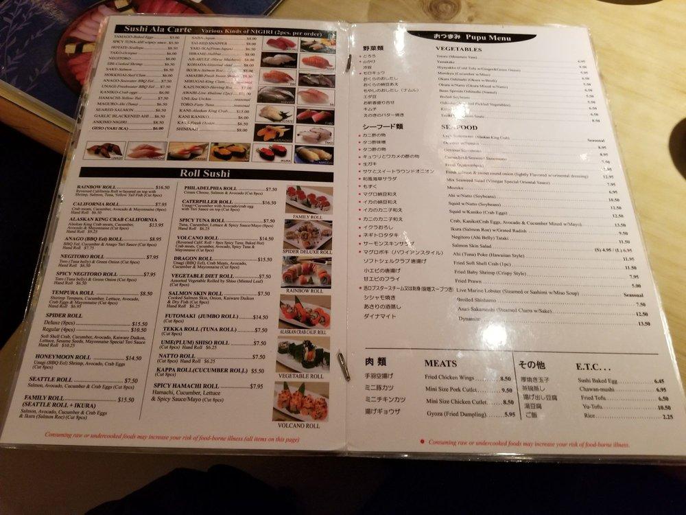 Menu at Yanagi Sushi restaurant, Honolulu