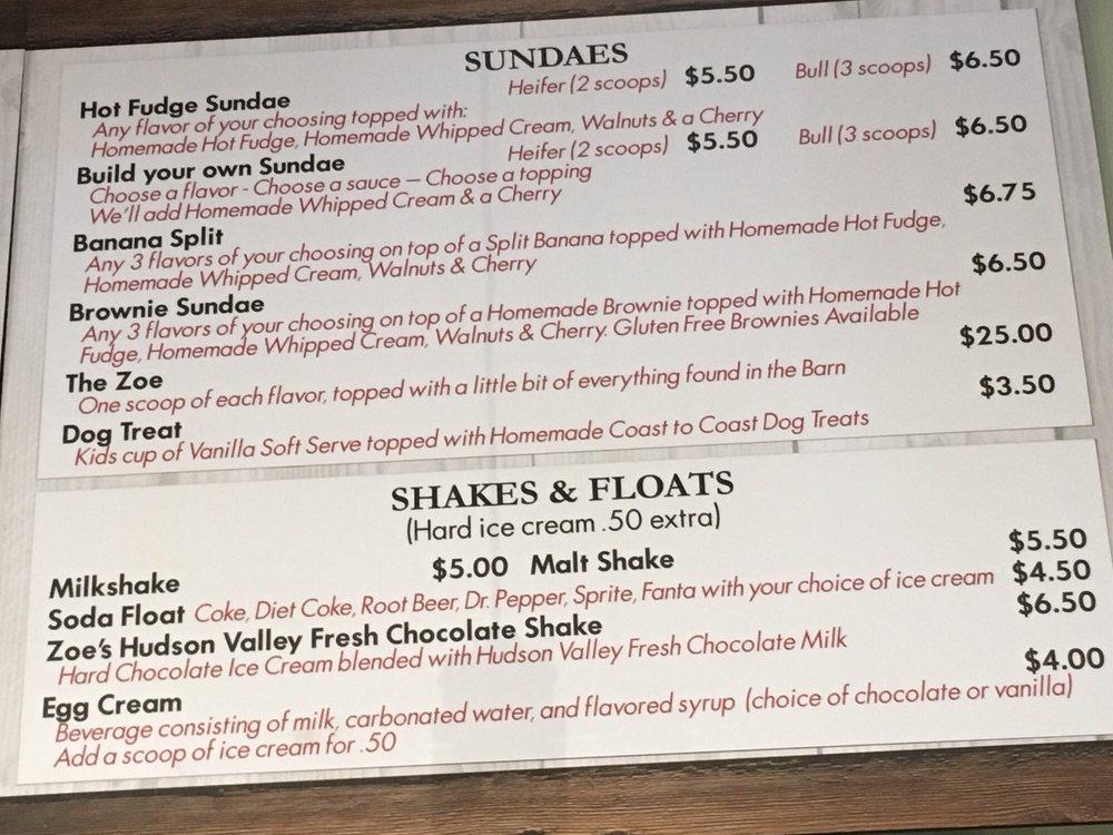 Menu at Zoe's Ice Cream Barn, Lagrangeville