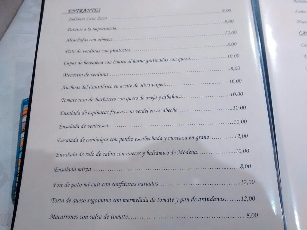 Menu at Restaurante Casa Zaca, Real Sitio de San Ildefonso