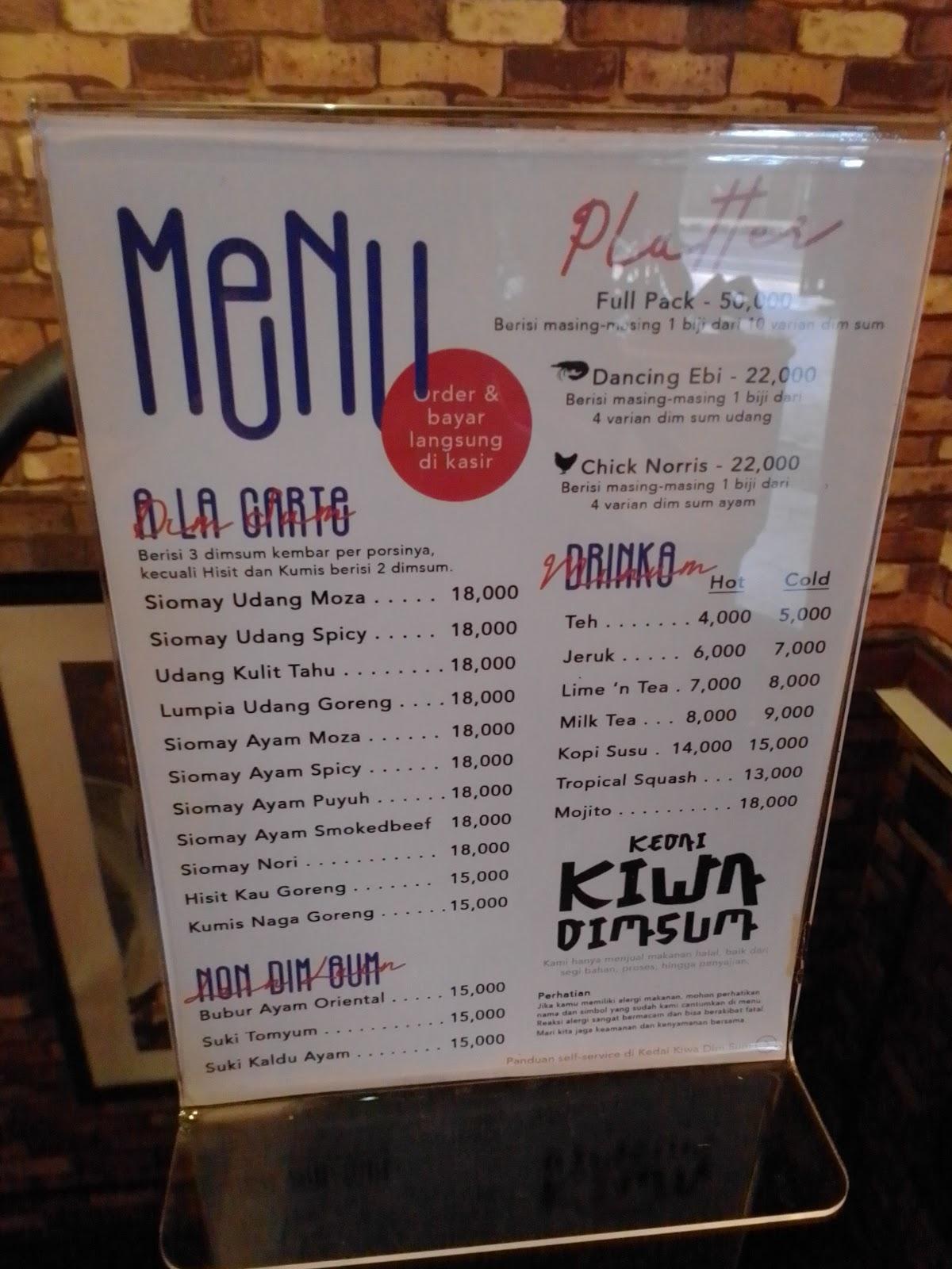 Menu at Kedai Kiwa Dimsum restaurant, Klaten