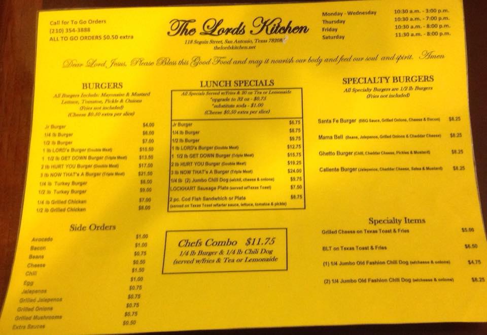 Menu at Lord's Kitchen restaurant, San Antonio