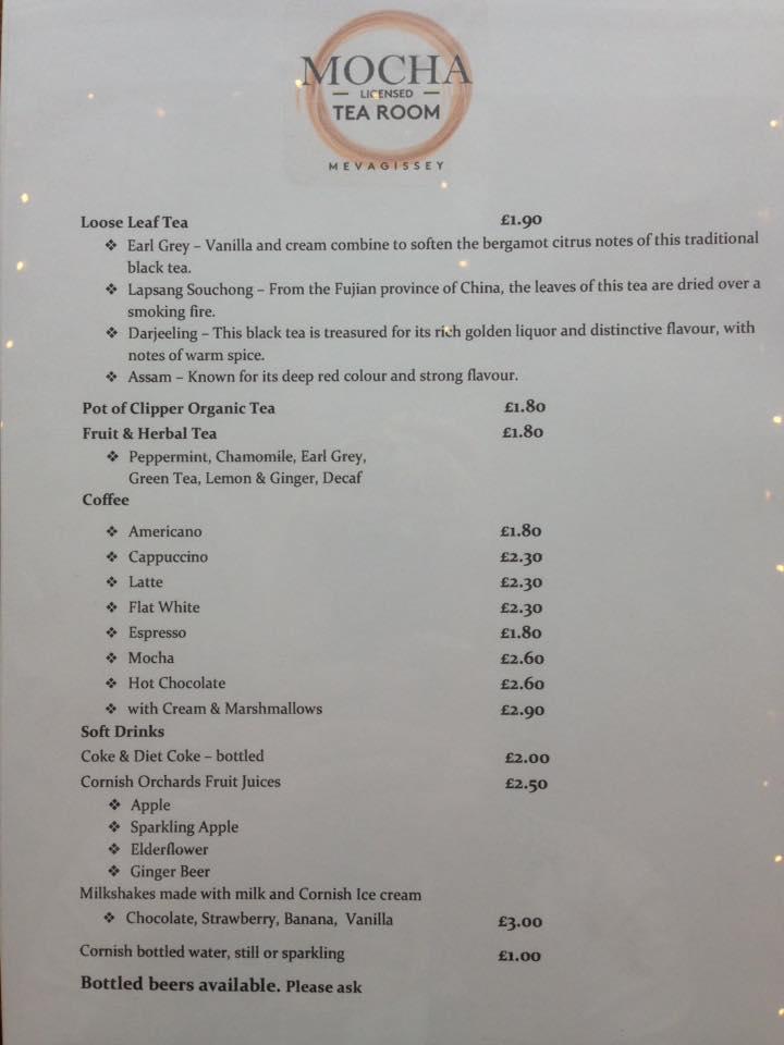 Menu at Mocha Tea Room cafe, Mevagissey