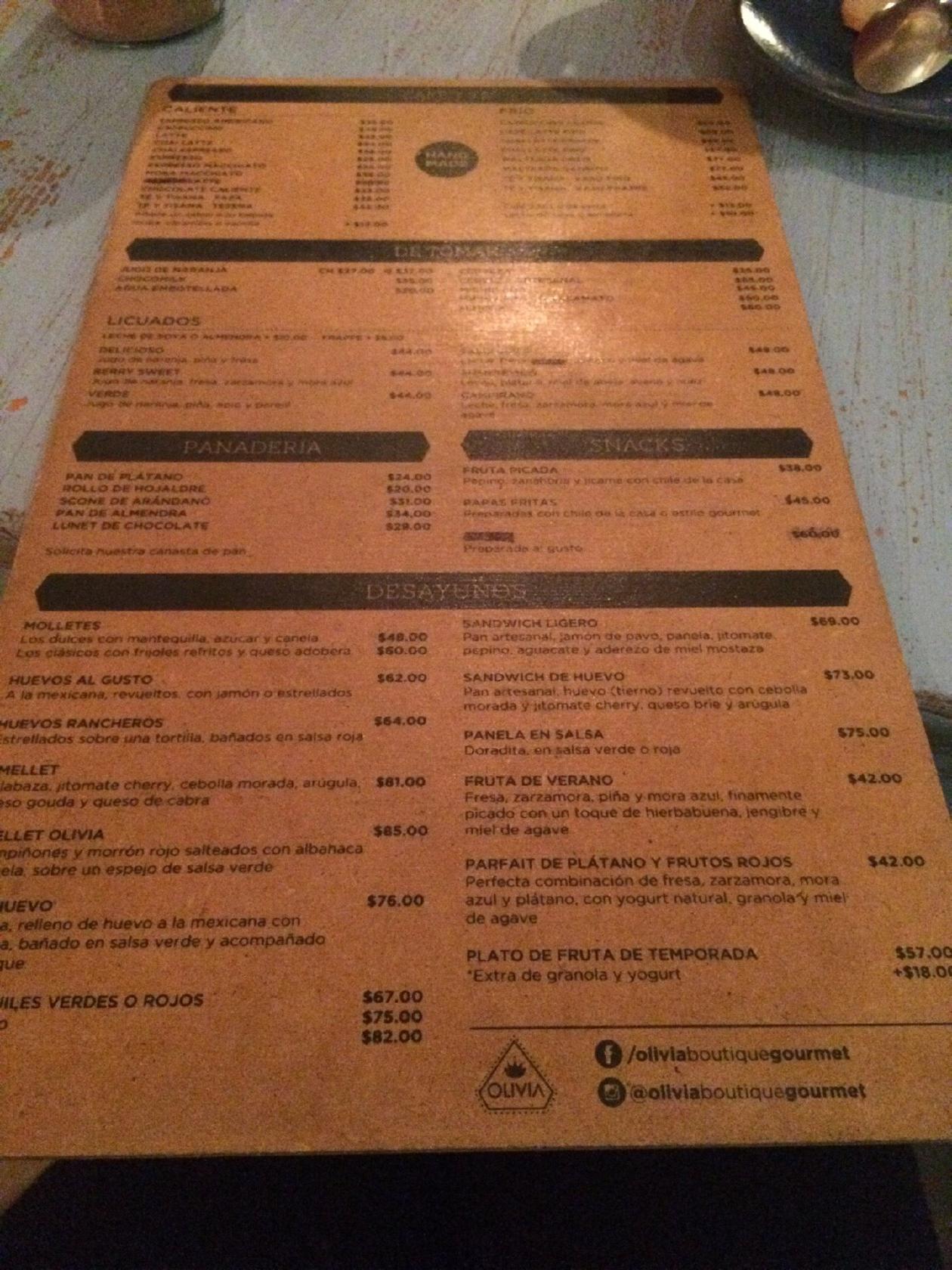 Menu at Olivia Gourmet Boutique cafe, Guadalajara