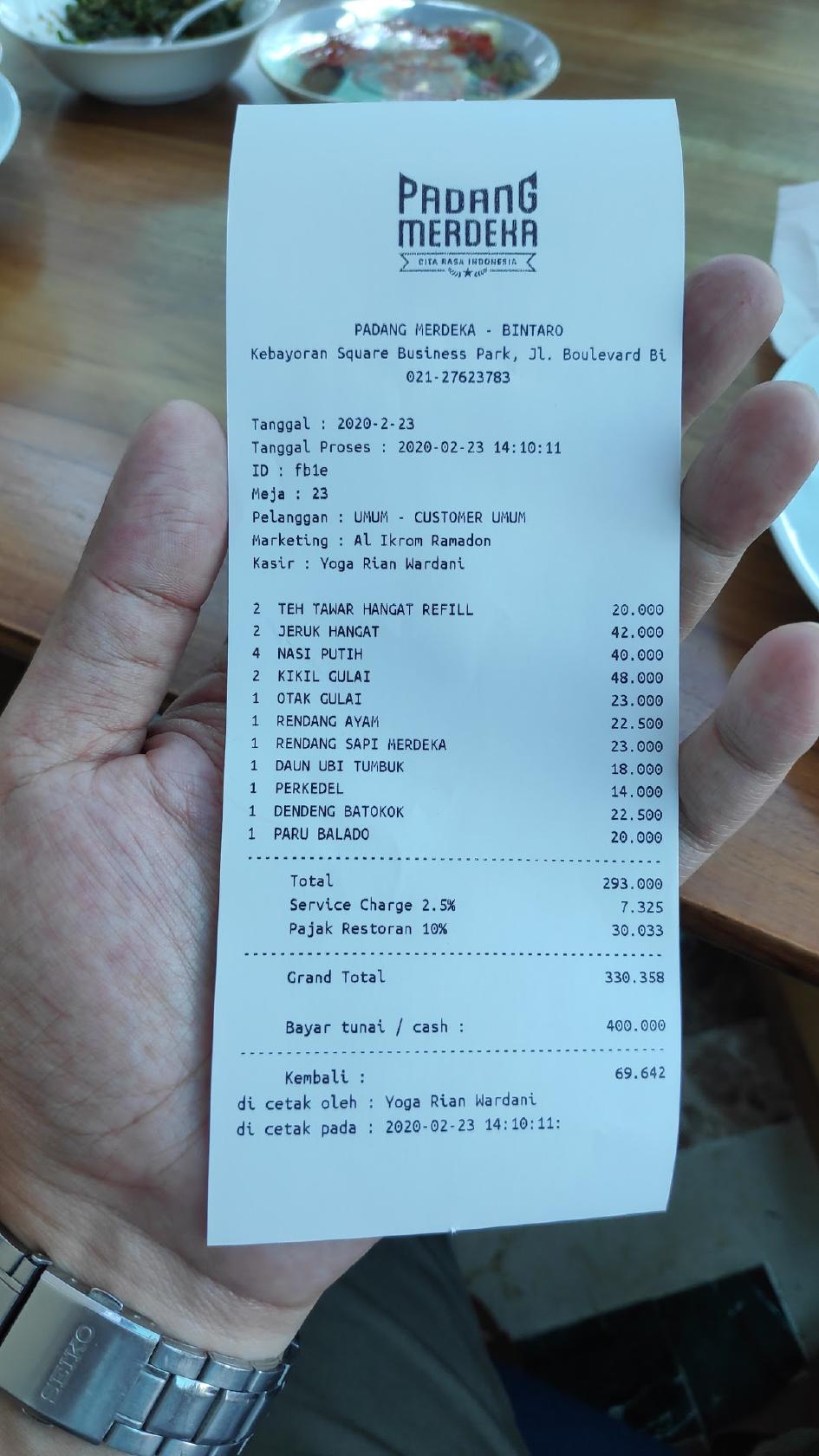 Menu at Padang Merdeka restaurant, South Jakarta, Bintaro Jaya