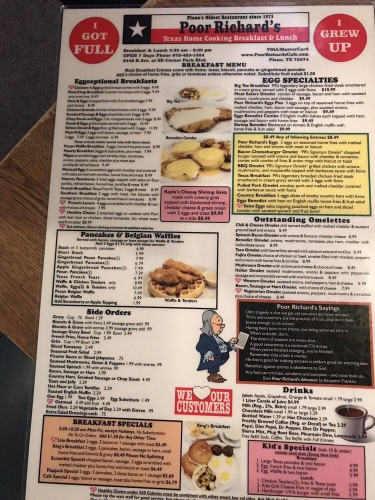 Menu at Poor Richard's Cafe, Plano