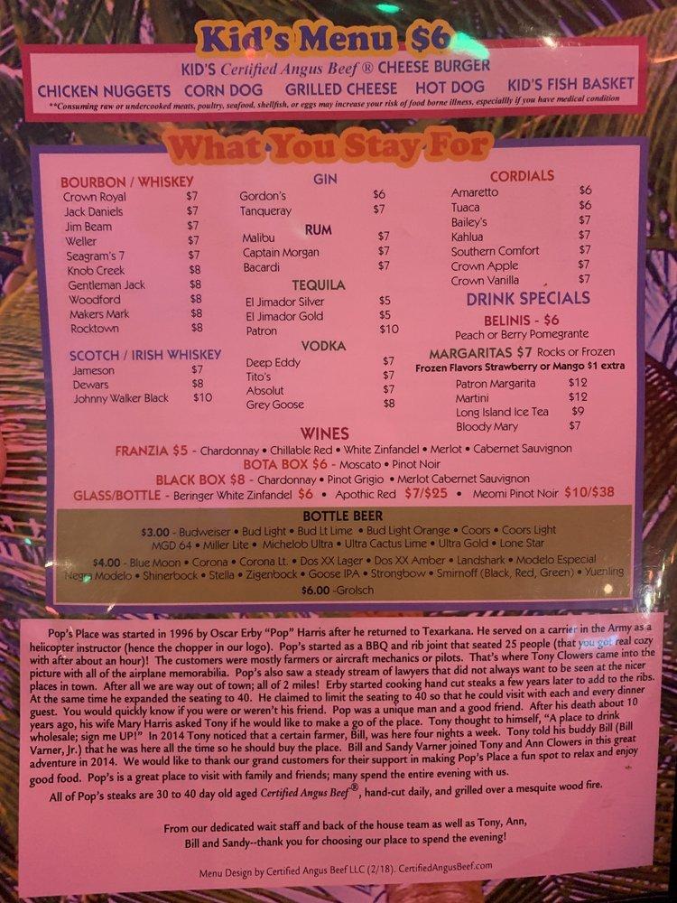 Menu at Pops Place steakhouse, Texarkana, US-67