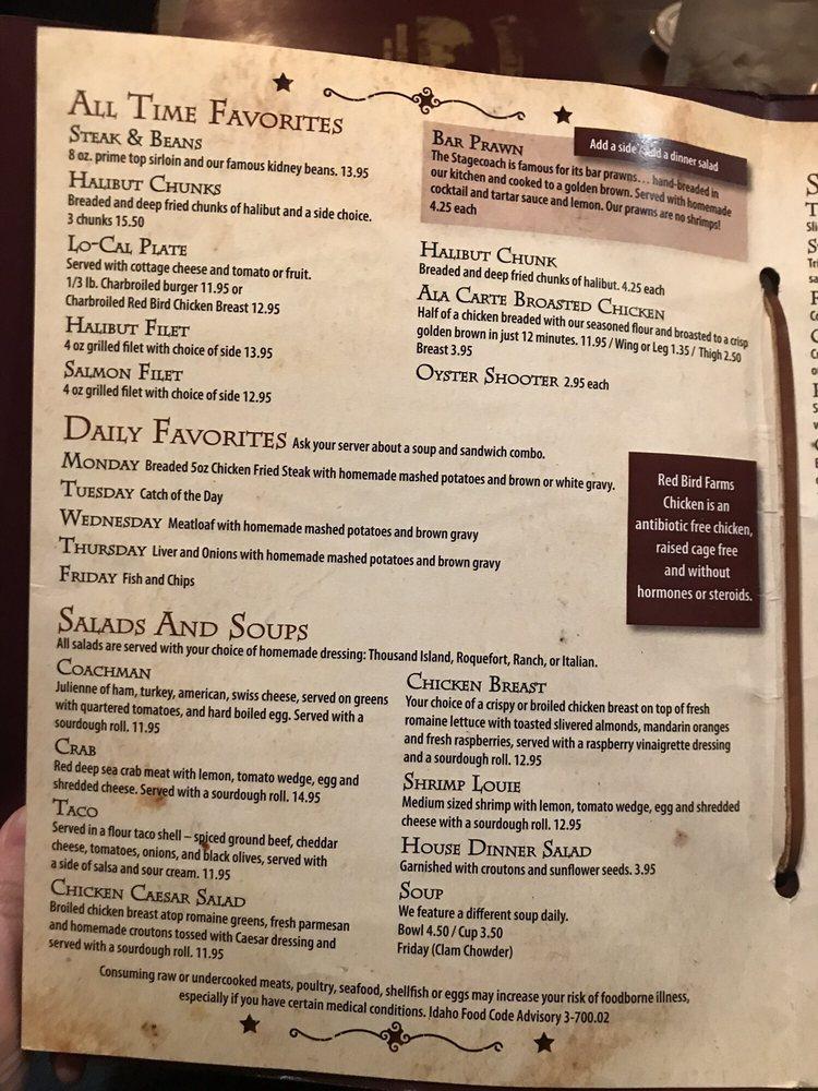 Menu at The Stagecoach Inn steakhouse, Garden City