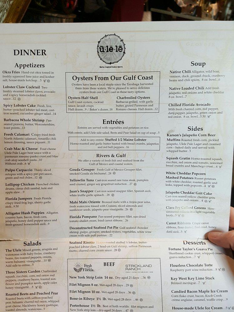 Menu at Ulele restaurant, Tampa, N Highland Ave