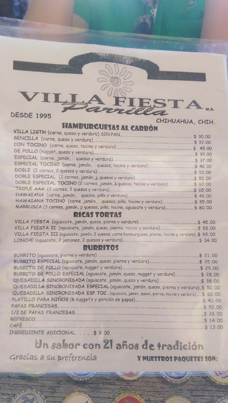 Carta del restaurante Villa Fiesta, Chihuahua