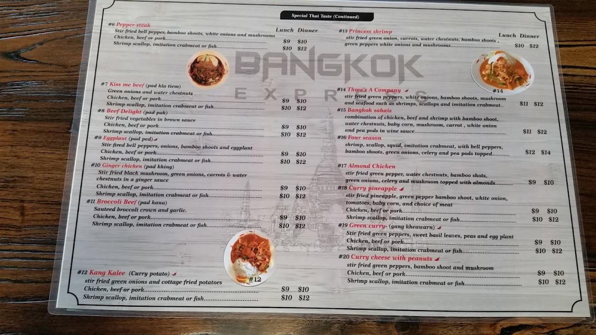 Menu at Bangkok Express restaurant, Flint