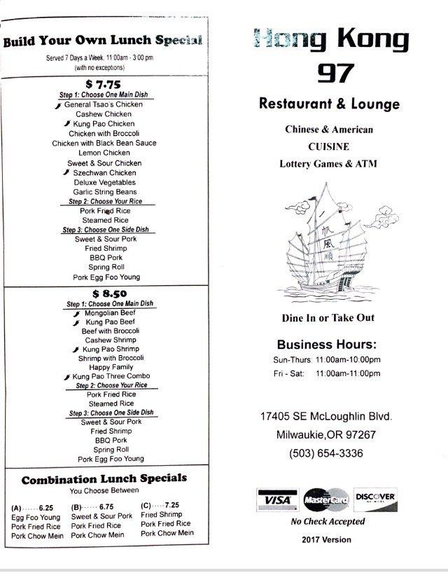 Menu at Hong Kong 97 restaurant, Portland, SE McLoughlin Blvd