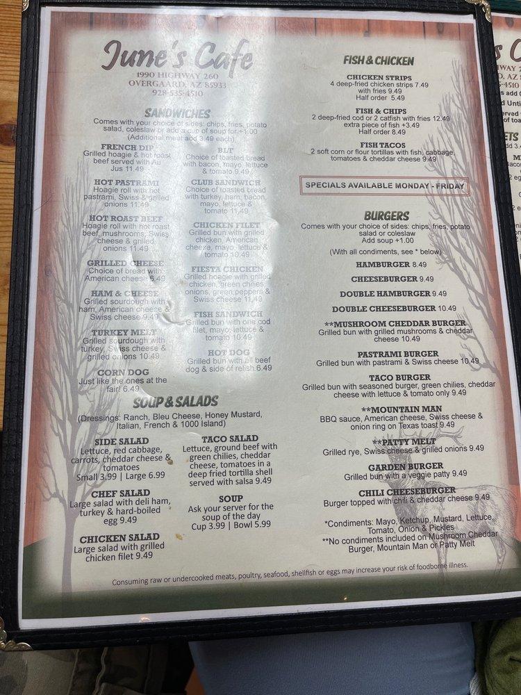 Menu at June's Cafe, Heber-Overgaard