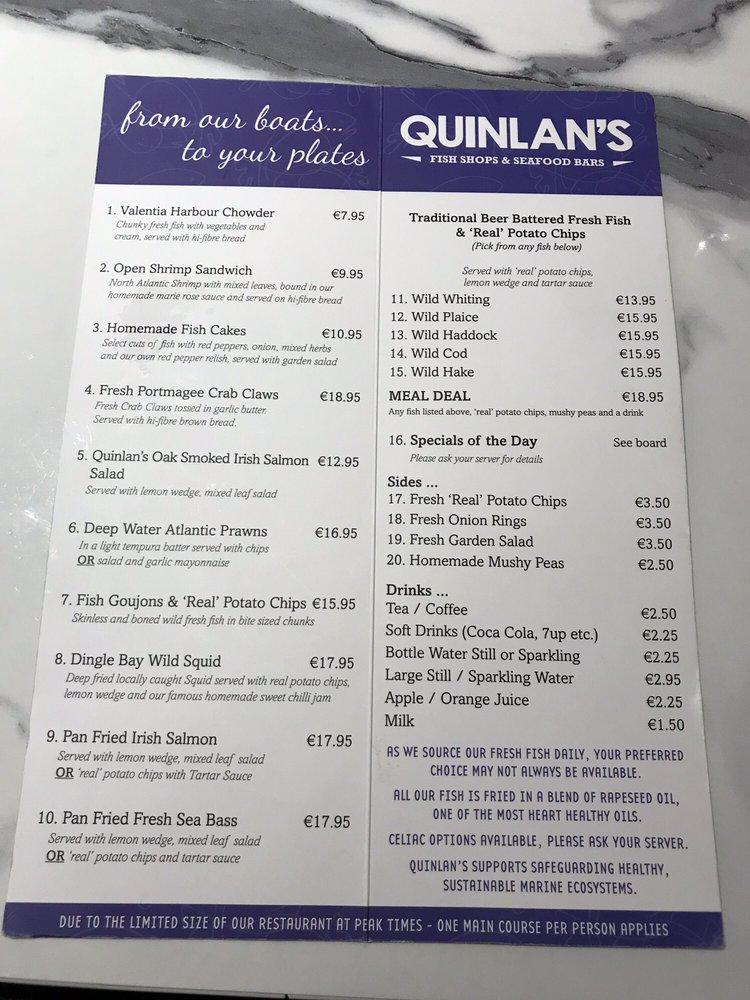 Menu at Quinlan's Seafood Bar, Killarney