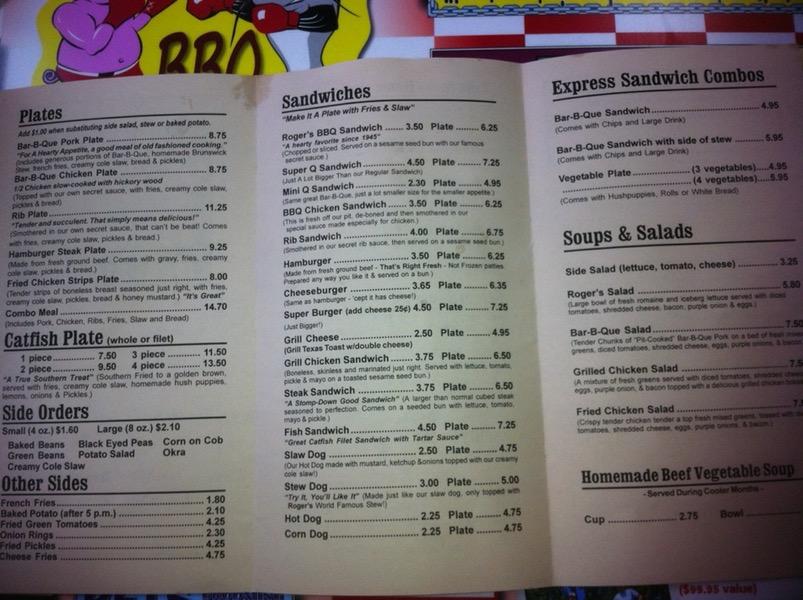 Menu at Roger's Bar-B-Que, LaGrange