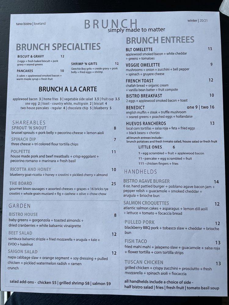 Menu at Tano Bistro Hamilton restaurant, Hamilton