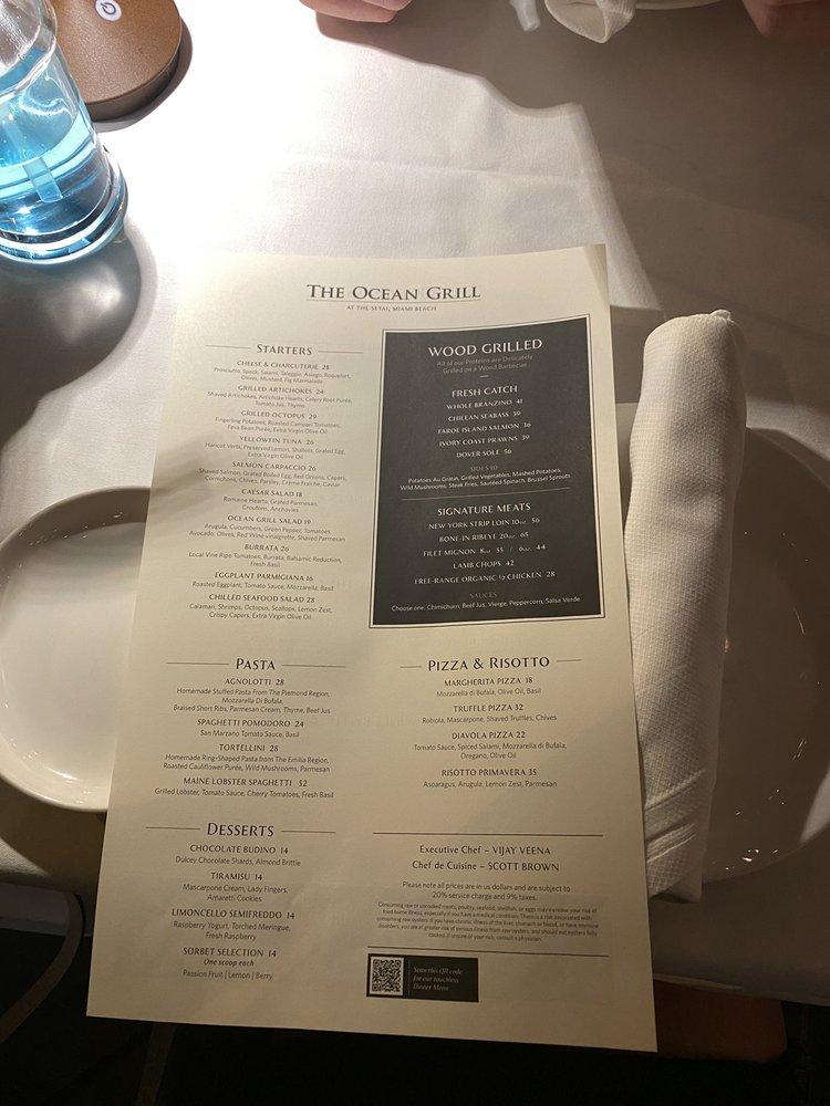 Menu at Ocean Grill restaurant, Miami Beach