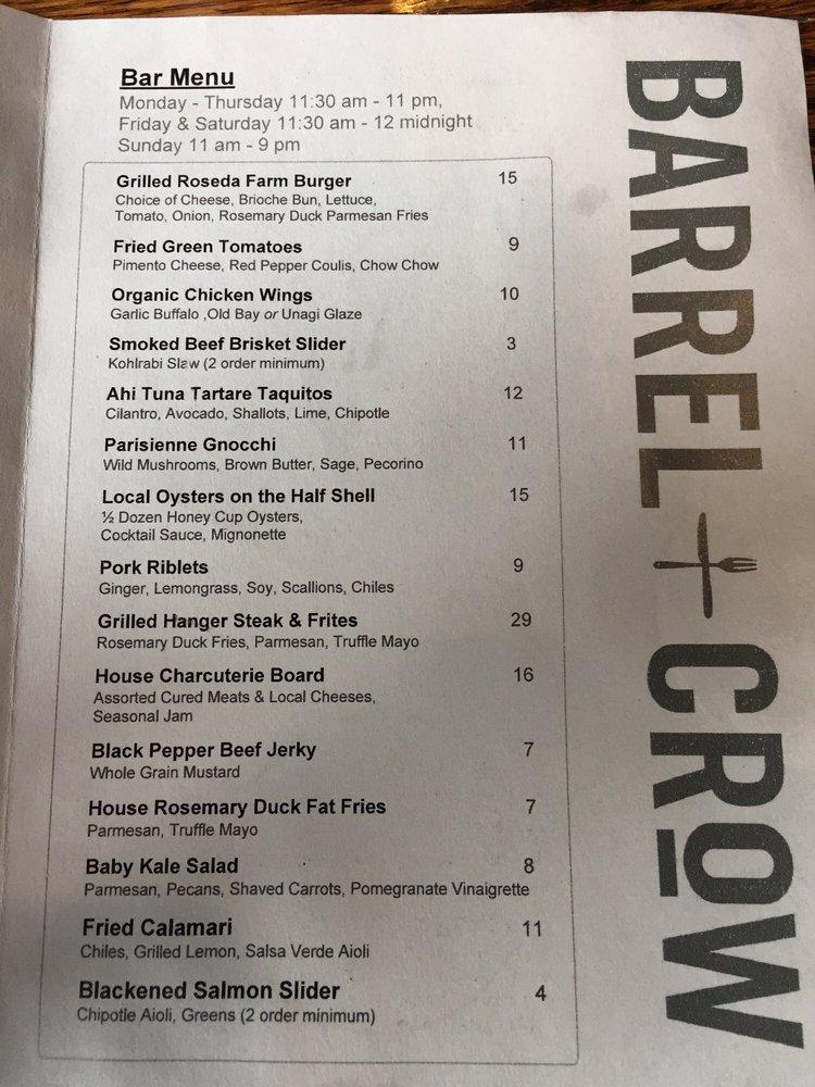 Menu at Barrel & Crow, Bethesda