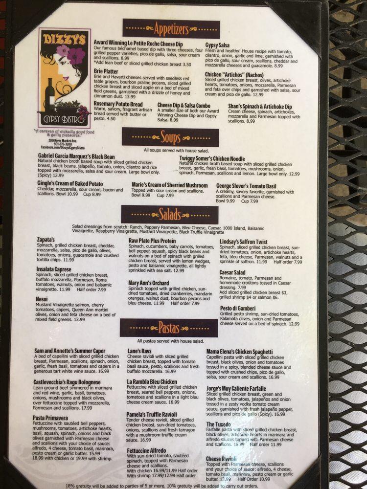Menu at Dizzy's Gypsy Bistro pub & bar, Little Rock