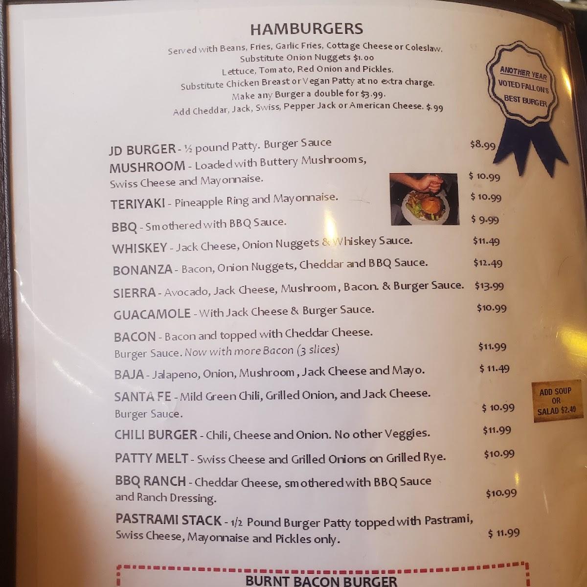 Menu at J D Slinger's Steakhouse, Fallon