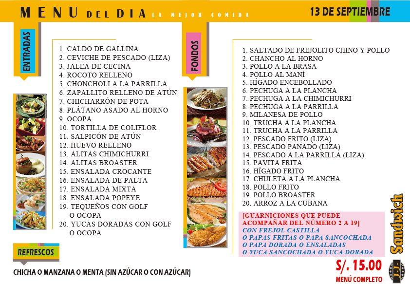 Menu at J.J. Sandwich restaurant, Miraflores