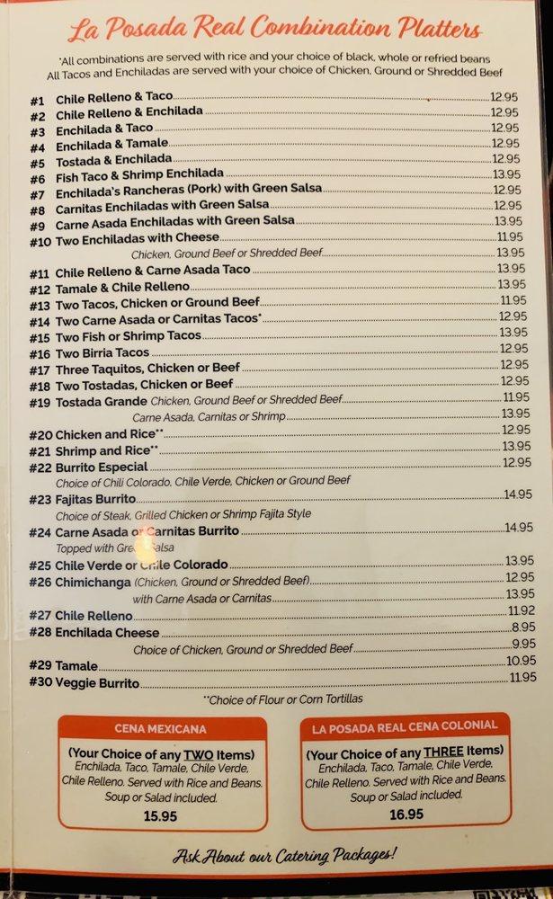 Menu at La Posada Real restaurant, Reno