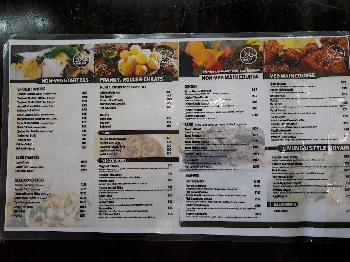 Menu at Mumbai Meals restaurant, Durban, 201 Sparks Rd