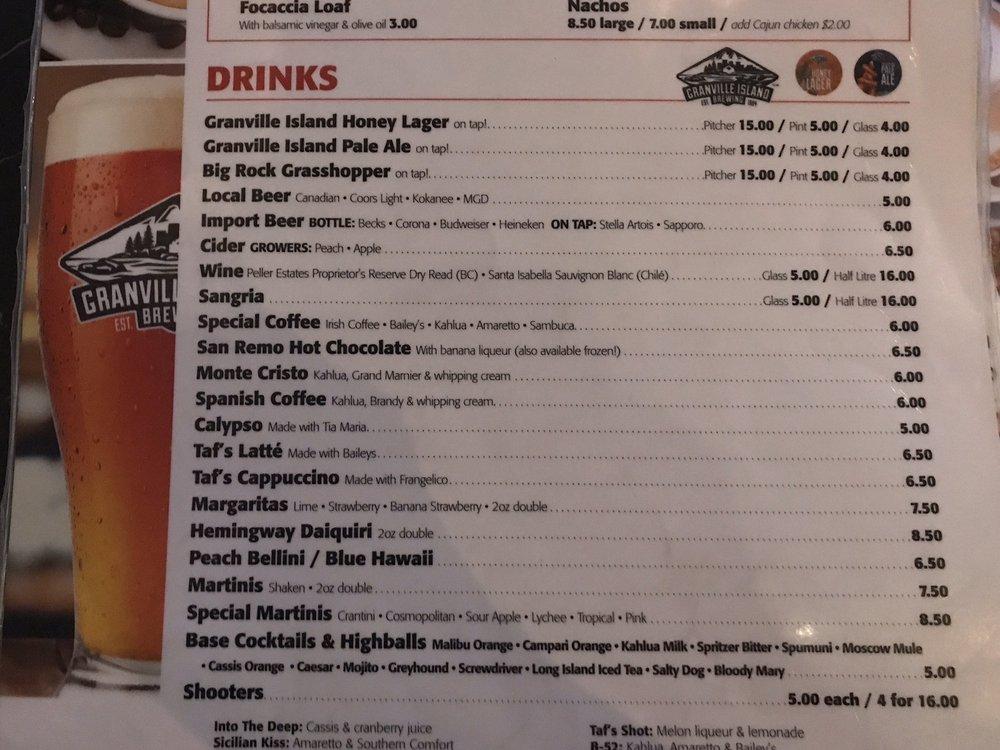 Menu at Taf's Cafe, Vancouver