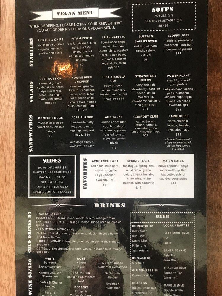 Menu at The Acre restaurant, Albuquerque