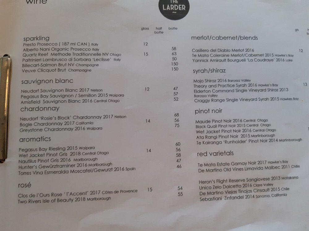 Menu at The Larder cafe, Wellington