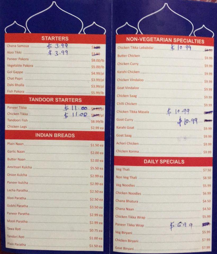 Menu at Agra Sweets & Tandoori restaurant, Brampton