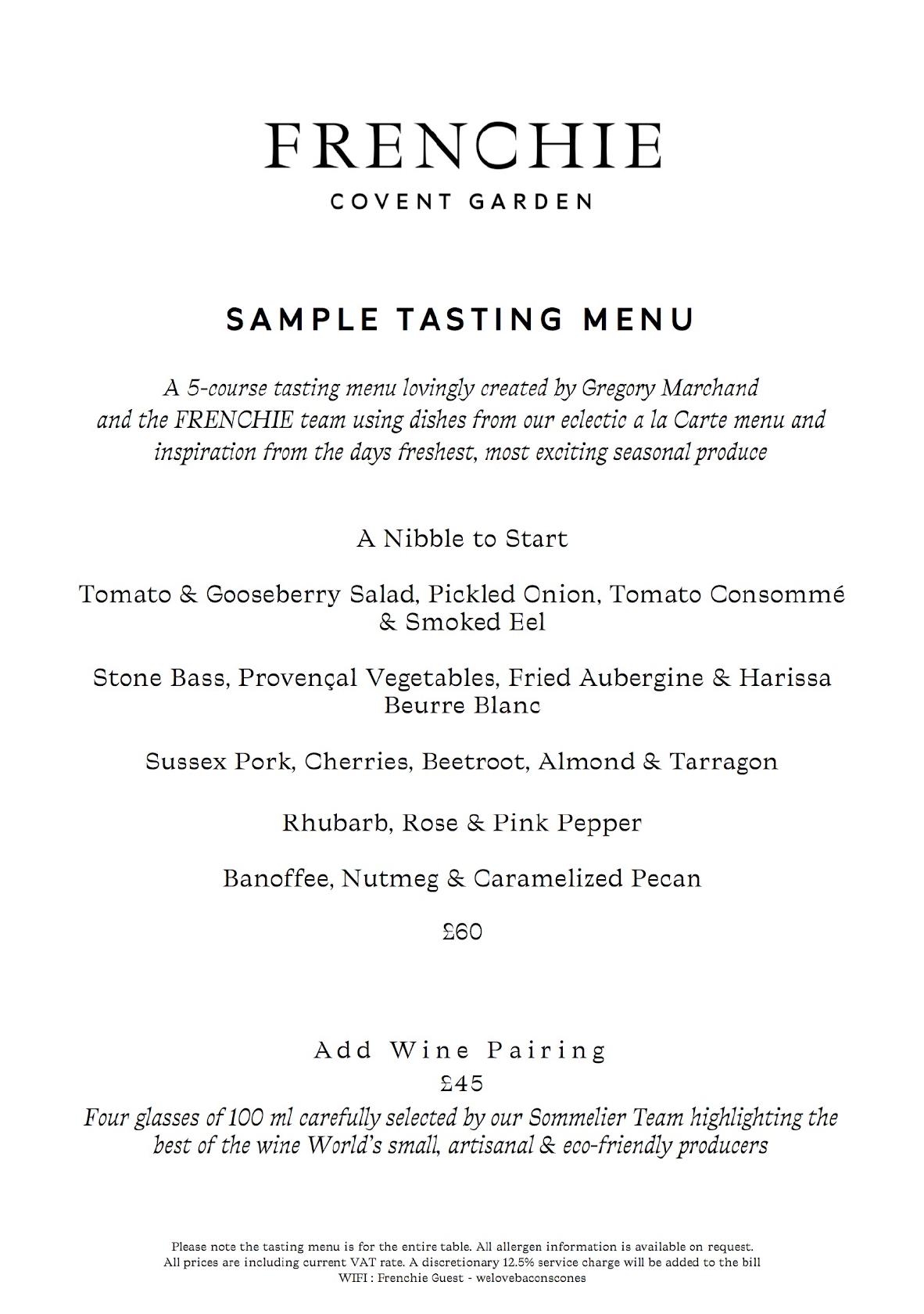 Menu at Frenchie Covent Garden restaurant, London, 16 Henrietta St