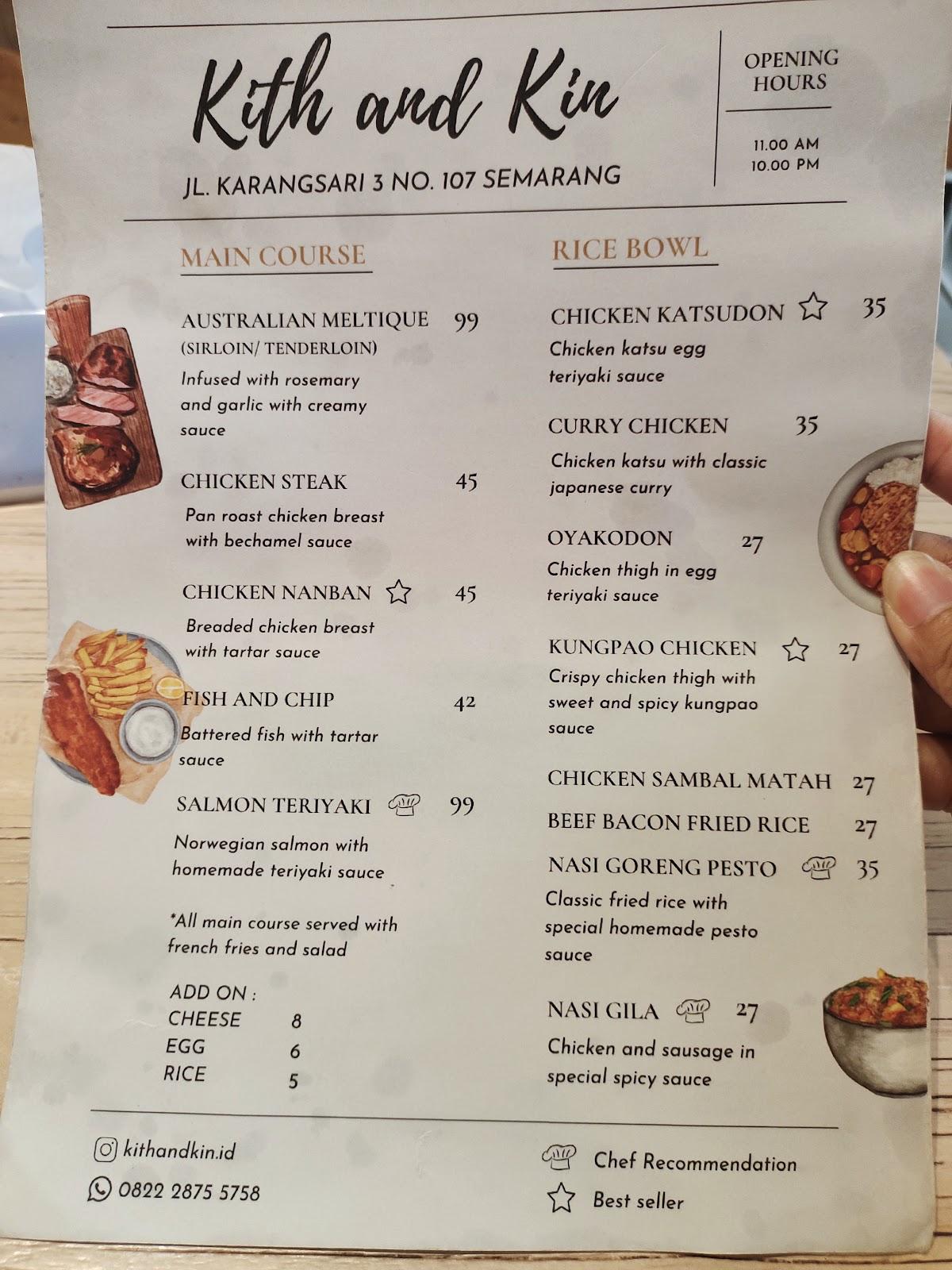 Menu at Kith and Kin restaurant, Semarang, Jl. Karangsari III No.107