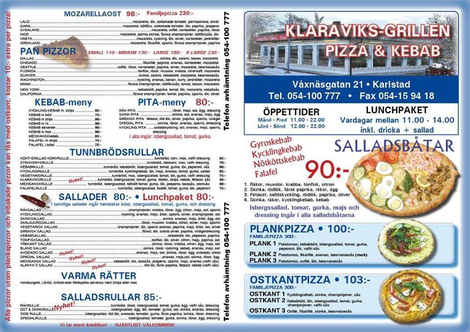 Menu at Klaraviksgrillen restaurant, Karlstad