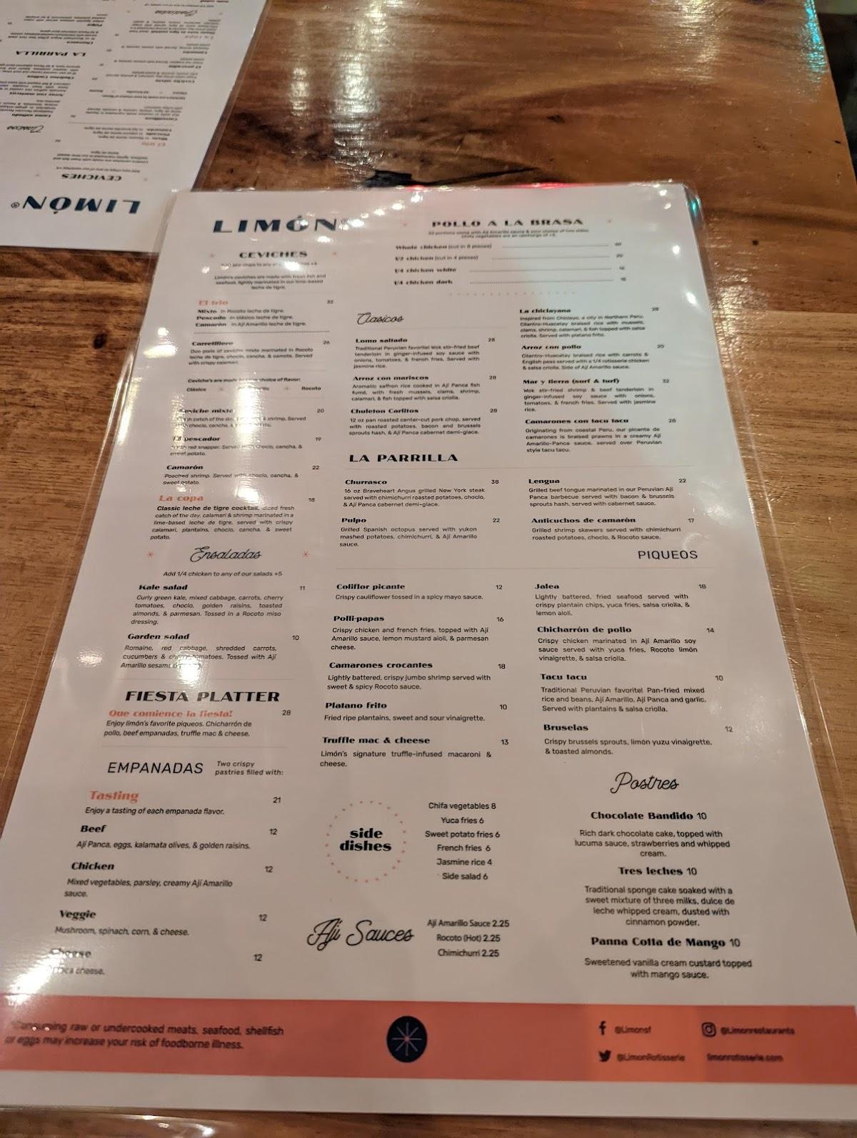 Menu at Limón restaurant, Burlingame