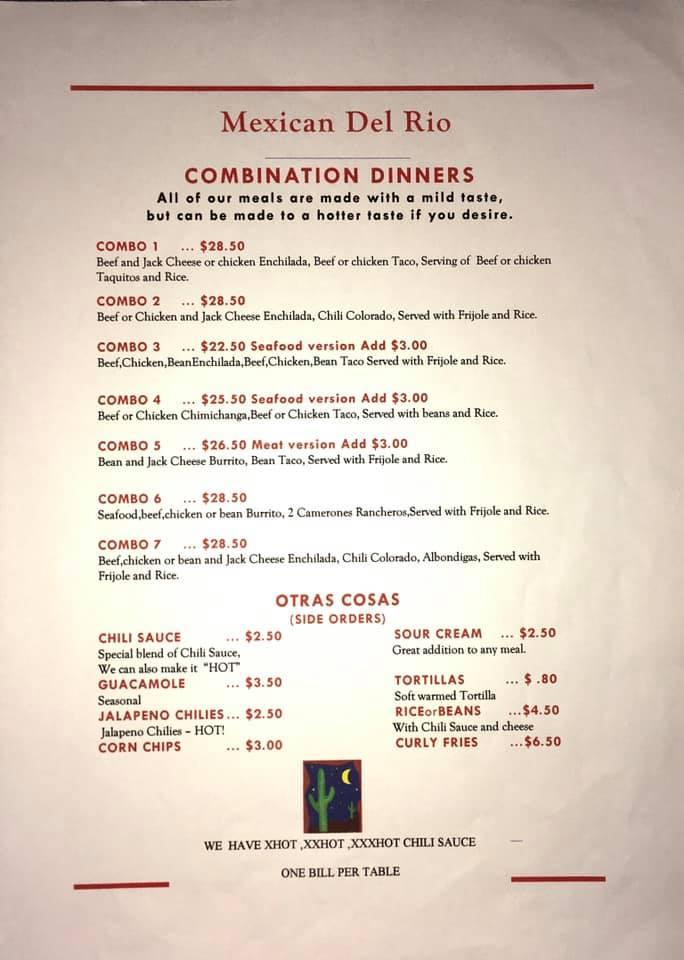 Menu at Mexican Del Rio restaurant, Ballina